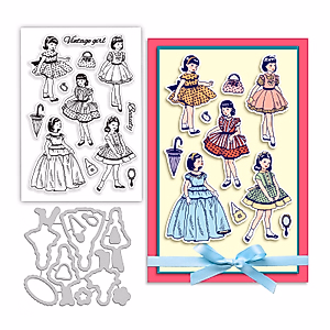 BENECREAT Vintage Girl Rubber Stamps and Cut Dies Set, Dress Handbag Umbrella Pattern Dies and Stamp Sets for DIY Scrapbooking Album Decorative