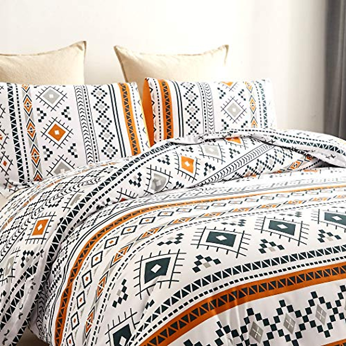 YFISAN Bohemian Duvet Cover Set Queen Size Orange Full Boho Comforter Cover Set Western 3 Pieces Geometric Lightweight Soft Breathable Farmhouse Bedding Duvet Cover Set White (Style 4, Queen，90"x90")