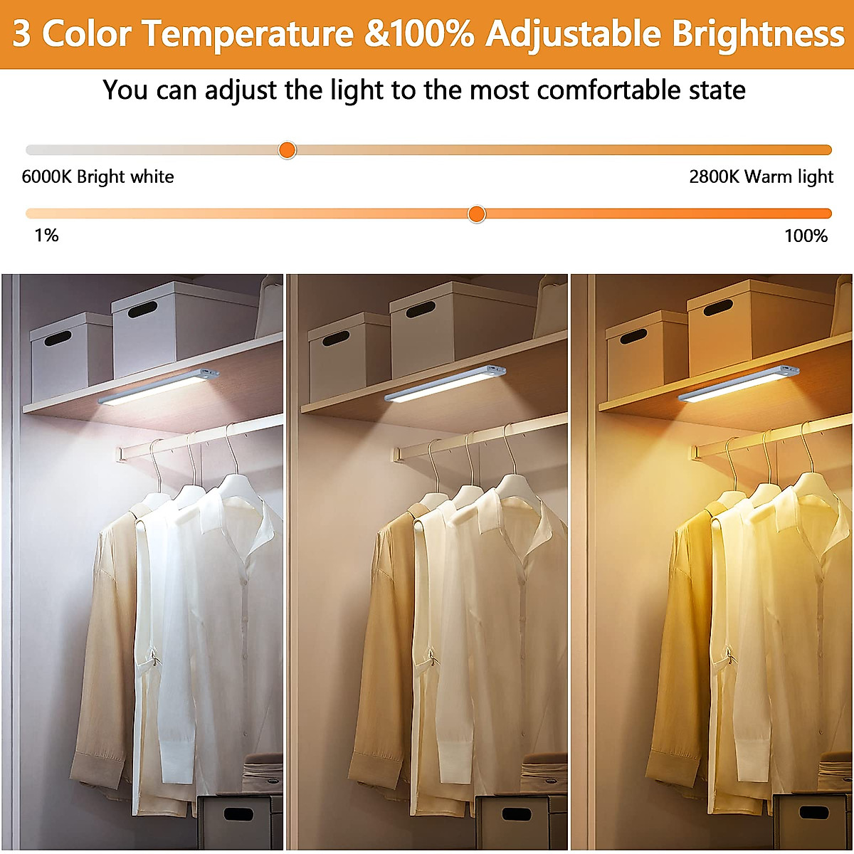 60 LED Dimmable Under Cabinet Lights 2 Packs, 3 Color Temps 2500mAh Rechargeable Motion Sensor Light, Indoor Wireless Magnetic Closet Lights, Night Lights for Kitchen Bedroom Stair Pantry Wardrobe