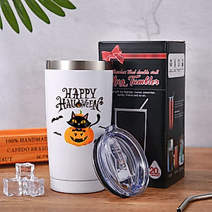 Geiserailie Happy Halloween Tumbler Gift Funny Pumpkin Bat Black Cat Travel Mug 20 oz Vacuum Insulated Tumbler with Stainless Steel Straw and Cleaning Brush for Halloween Party Favor Supply