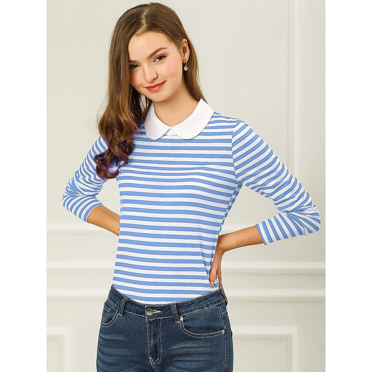 Allegra K Women's Contrast Collar Long Sleeves Peter Pan Collar Striped Blouse Top X-Large Light Blue