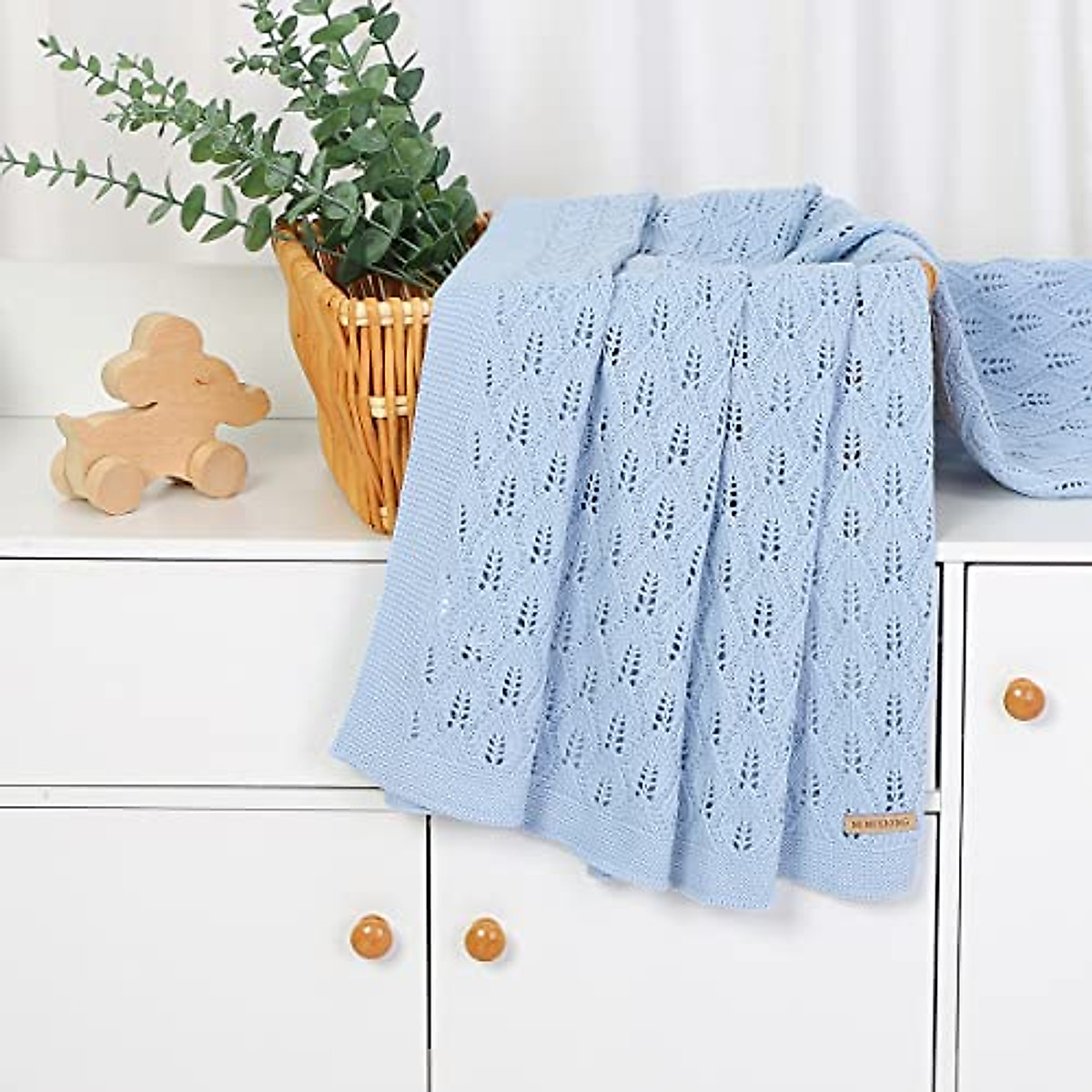 mimixiong 100% Cotton Baby Blanket Knit Cellular Toddler Blankets for Newbron Baby Light Blue 40x30 Inch