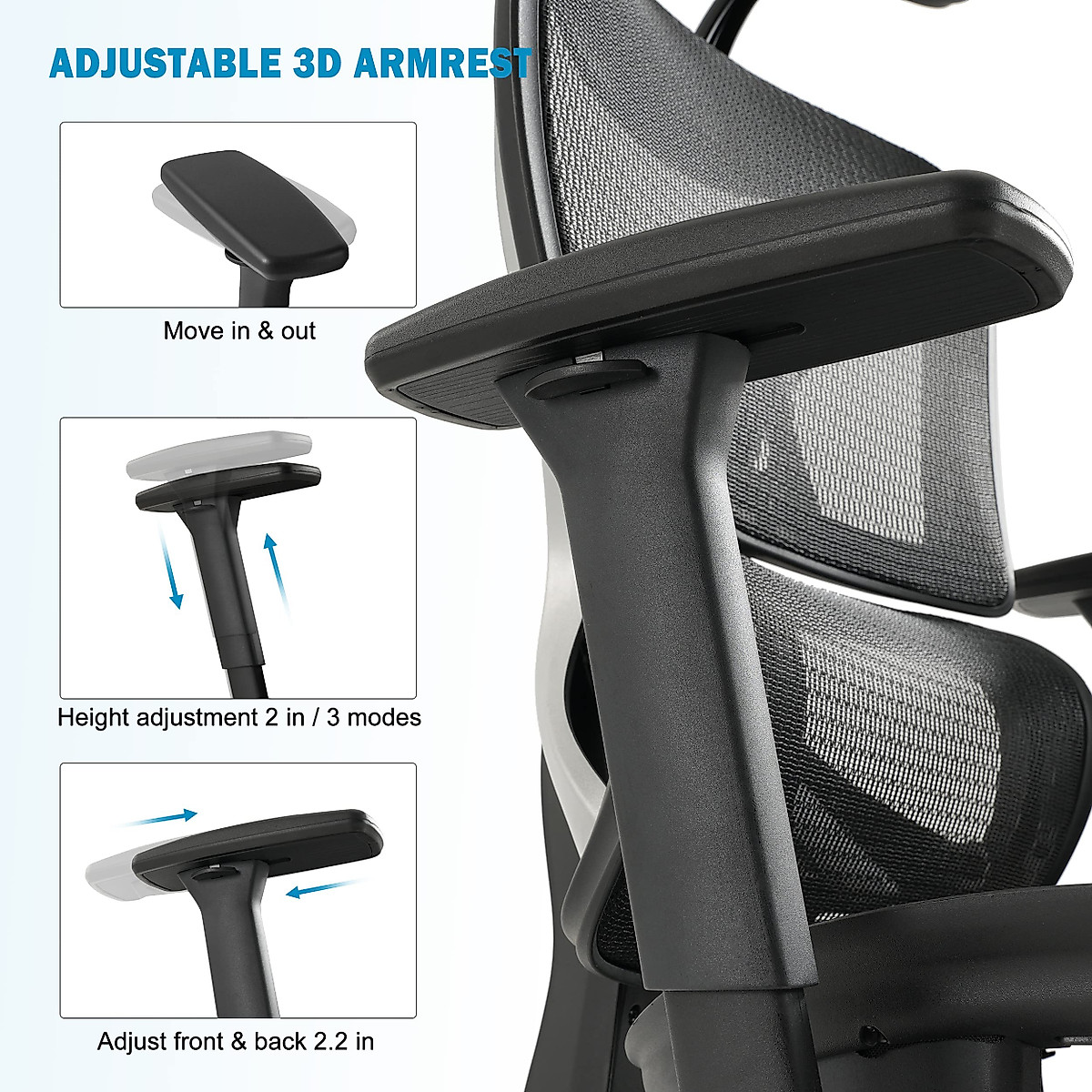 GABRYLLY Ergonomic Office Chair with Lumbar Support, Big and Tall Mesh Chairs with Adjustable 3D Arms, Headrest & Soft Seat, Large Desk Chair for Home Gaming,Black