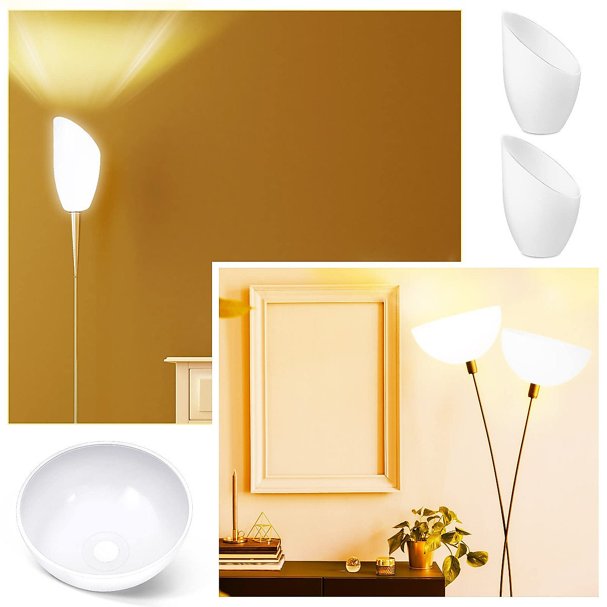 Hortsun Replacement Lamp Shade 4 Pcs White Replacement Plastic Lampshade 2 Pack 1.65" Fitter 10" Diameter Bowl Shape 2 Pack 1.97" Bottom Size Horseshoe Shape for LED Torchiere Floor Lamps Upright