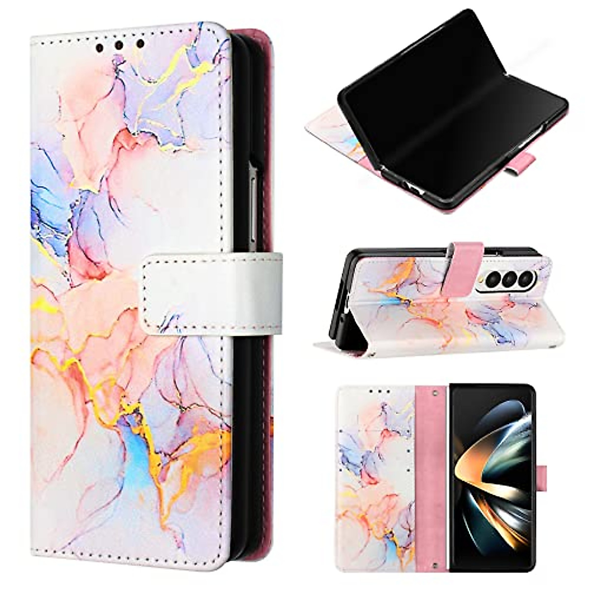 ONV Wallet Case for Samsung Galaxy Z Fold 3 5G- Premium Marble Painted Leather Flip Case Stand Card Slot Magnet with Silicone Shell Flip Cover for Samsung Galaxy Z Fold 3 5G[Marble] -White