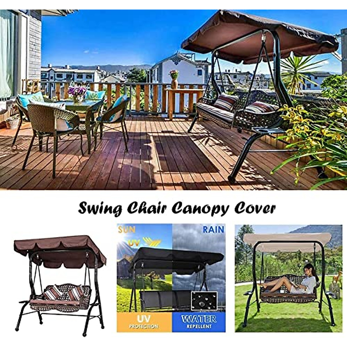 KFJZGZZ Swing Canopy Top Cover Replacement Canopy, 2 and 3 Seater Swing Replacement Top Cover for Garden Outdoor Waterproof, UV Block Replacement Canopy for Swing Seat (Top Cover +Chair Cover)