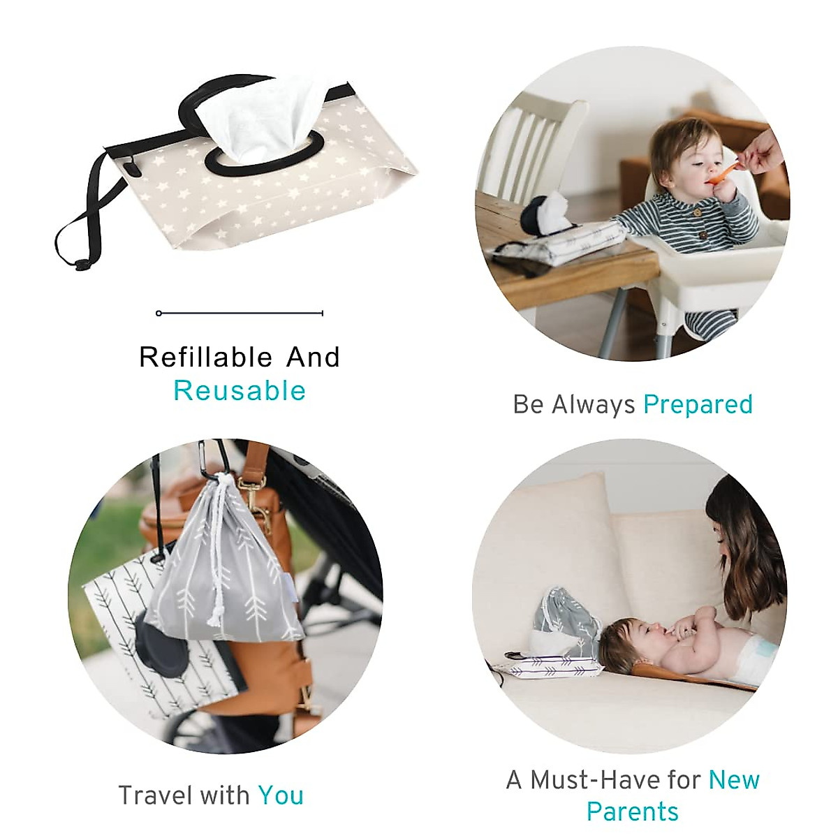 Kiki Babies Portable Wipes container & baby wipes holder 4 -Pc set: Convenient Reusable Wipes Pouch & Travel Wipes Case for On-the-Go Care Refillable Dispenser Includes 2 Stroller Hooks & Bag Gift set