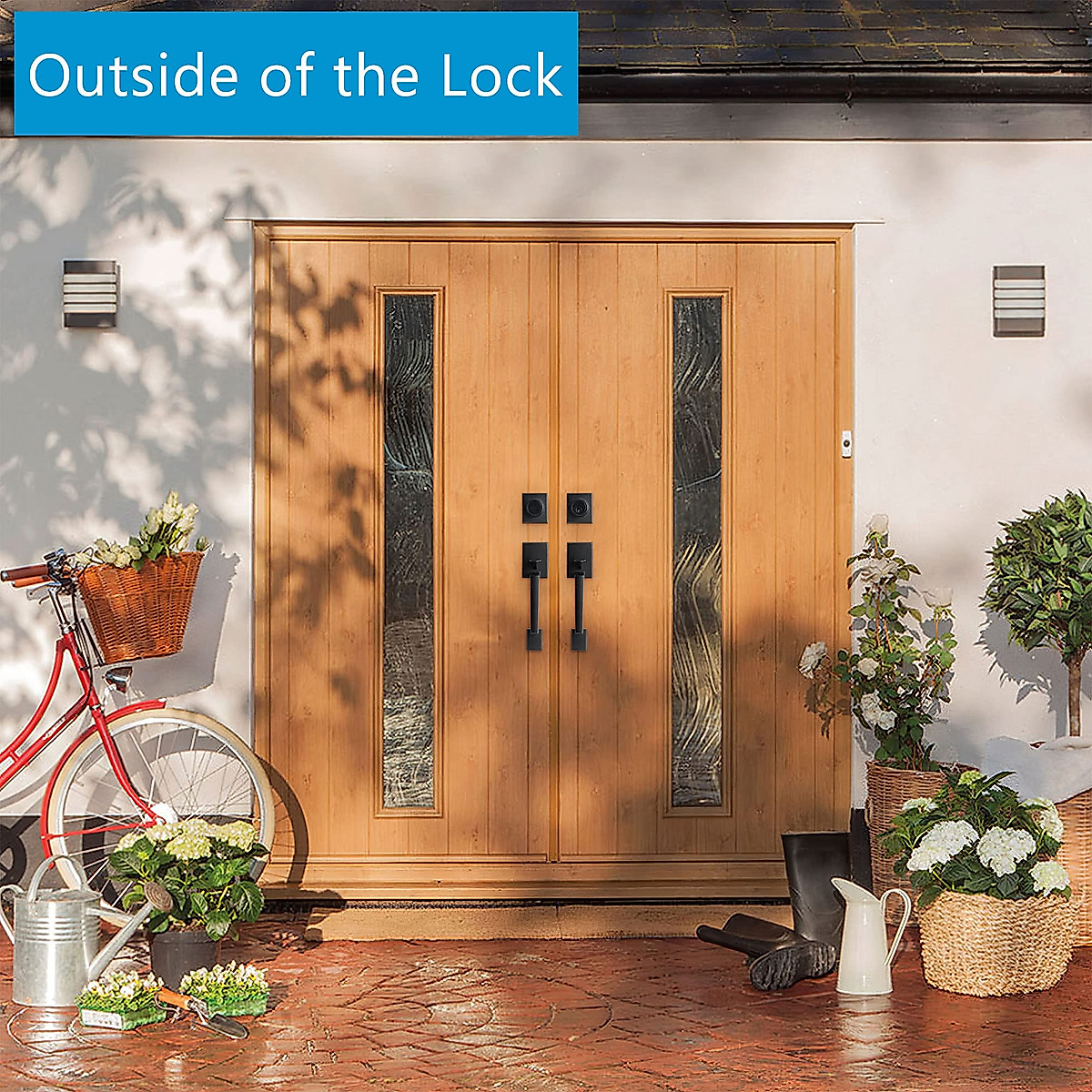 NeuType Double Door Handle Sets with Deadbolt Entry Door Locksets Single Cylinder HandleSet with Straight Handle Lower Half Grip, Black