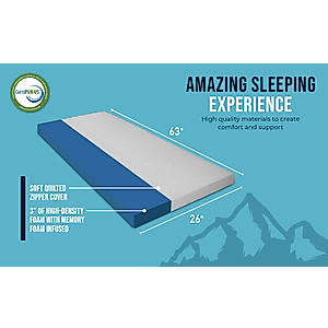 Foamma 3" x 26" x 63" Memory Foam Roll-Up Camping Mattress, CertiPUR-US Certified Foam, Quilted Soft Cover, Made in USA, Portable and Comfortable