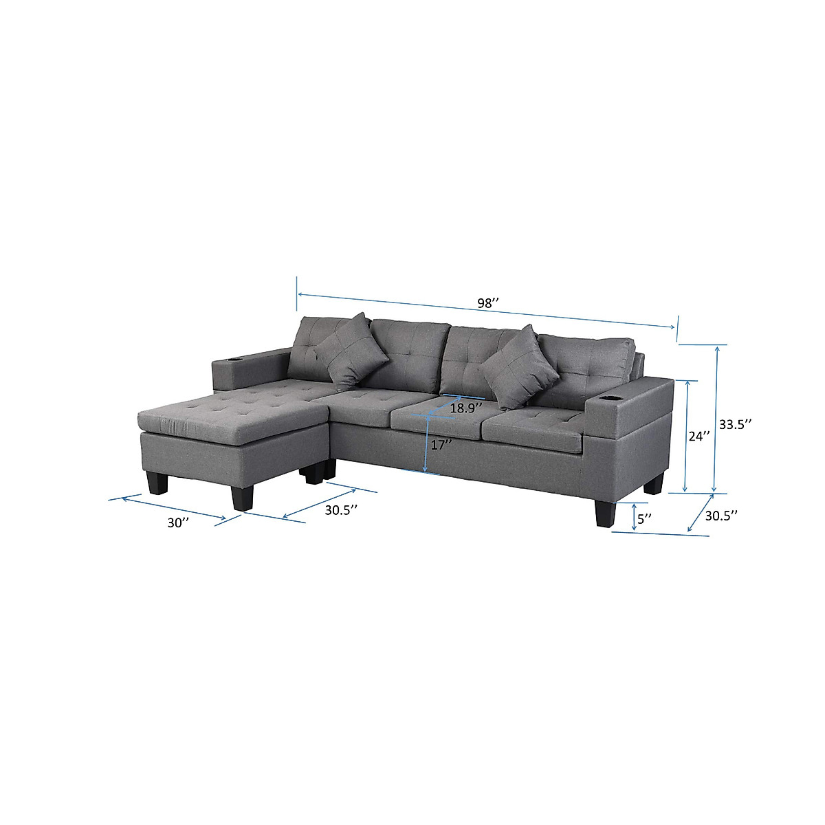 FANYHOME Sectional Sofa Set for Living Room with L Shape Lounge,Cup Holder and Left or Right Hand Chaise Modern 4 Seat, Grey