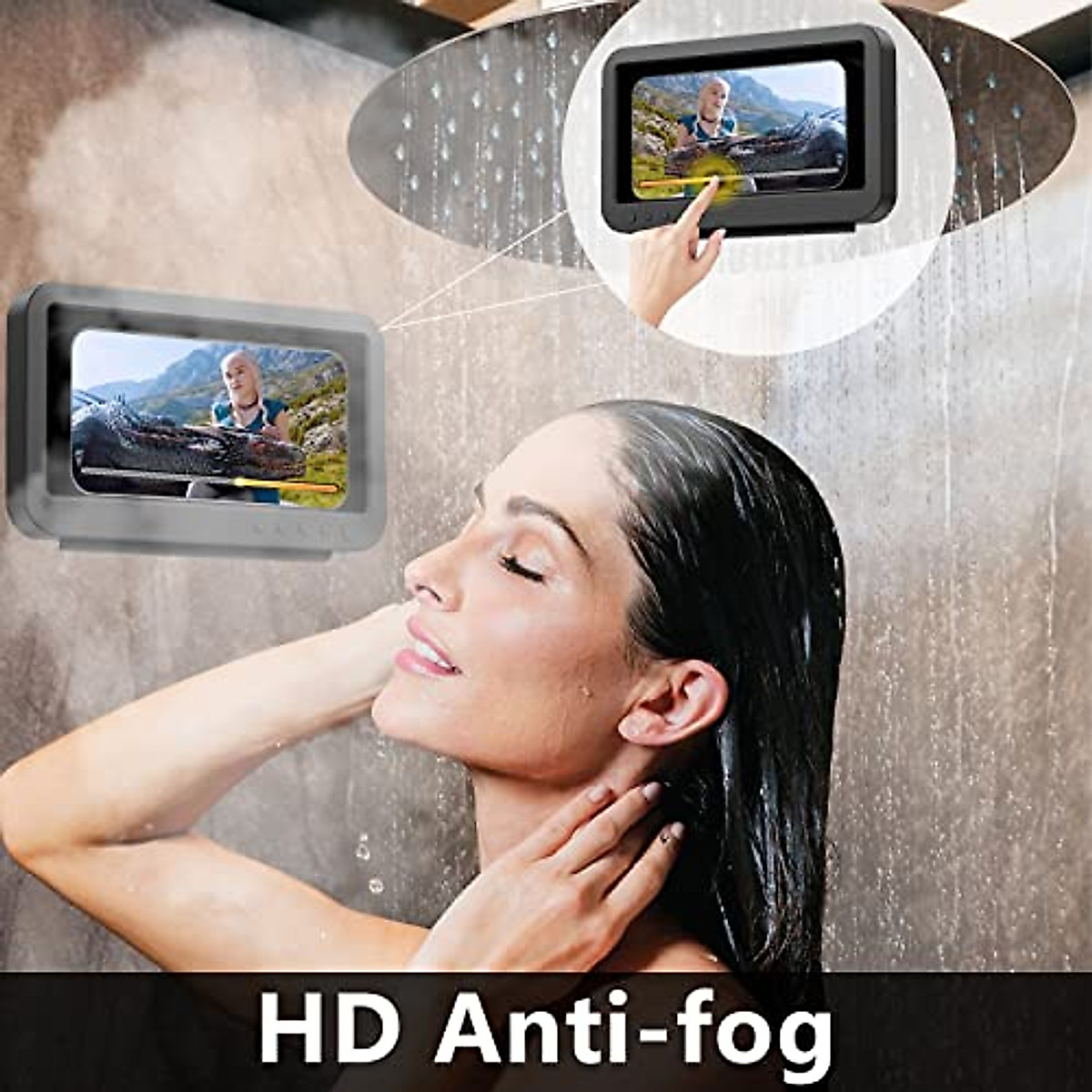 Shower Phone Holder Waterproof - Anti Fog High Sensitivity Touch Screen, 360°Rotation Wall Mount Shower Case for Phone for Bathroom Wall Mirror Bathtub Kitchen, Compatible with Under 7 Inch(Black)