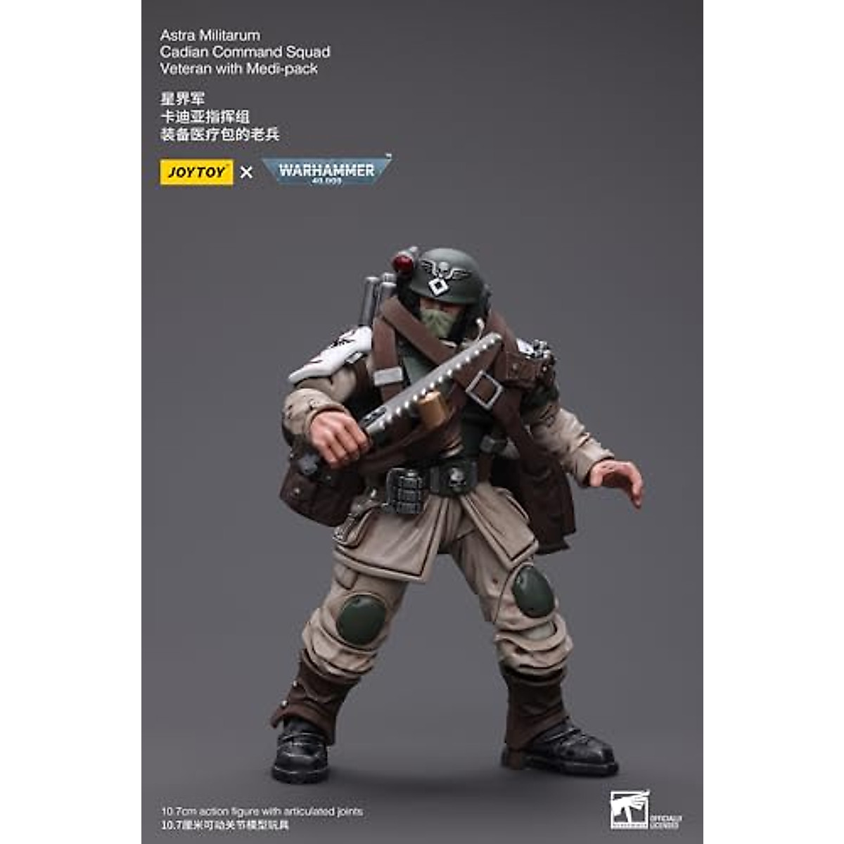 JoyToy Warhammer 40K: Astra Militarum Cadian Command Squad Veteran with Medi-Pack 1:18 Scale Figure