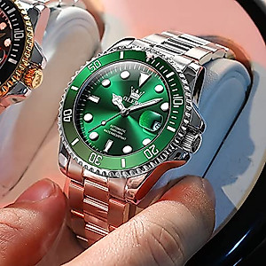 Men Automatic Wirst Watches Self Winding Silver And Green Automatic Watches for Men Mechanical Waterproof Big Face Stainless Steel Date No Battery Watches Man Luminous Submariner Wristwatch Gift