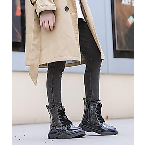 DADAWEN Boys Girls Glitter Ankle Boots Lace Up Waterproof Combat Shoes With Side Zipper for Toddler/Little Kid/Big Kid Black Glitter US Size 2 M Little Kid