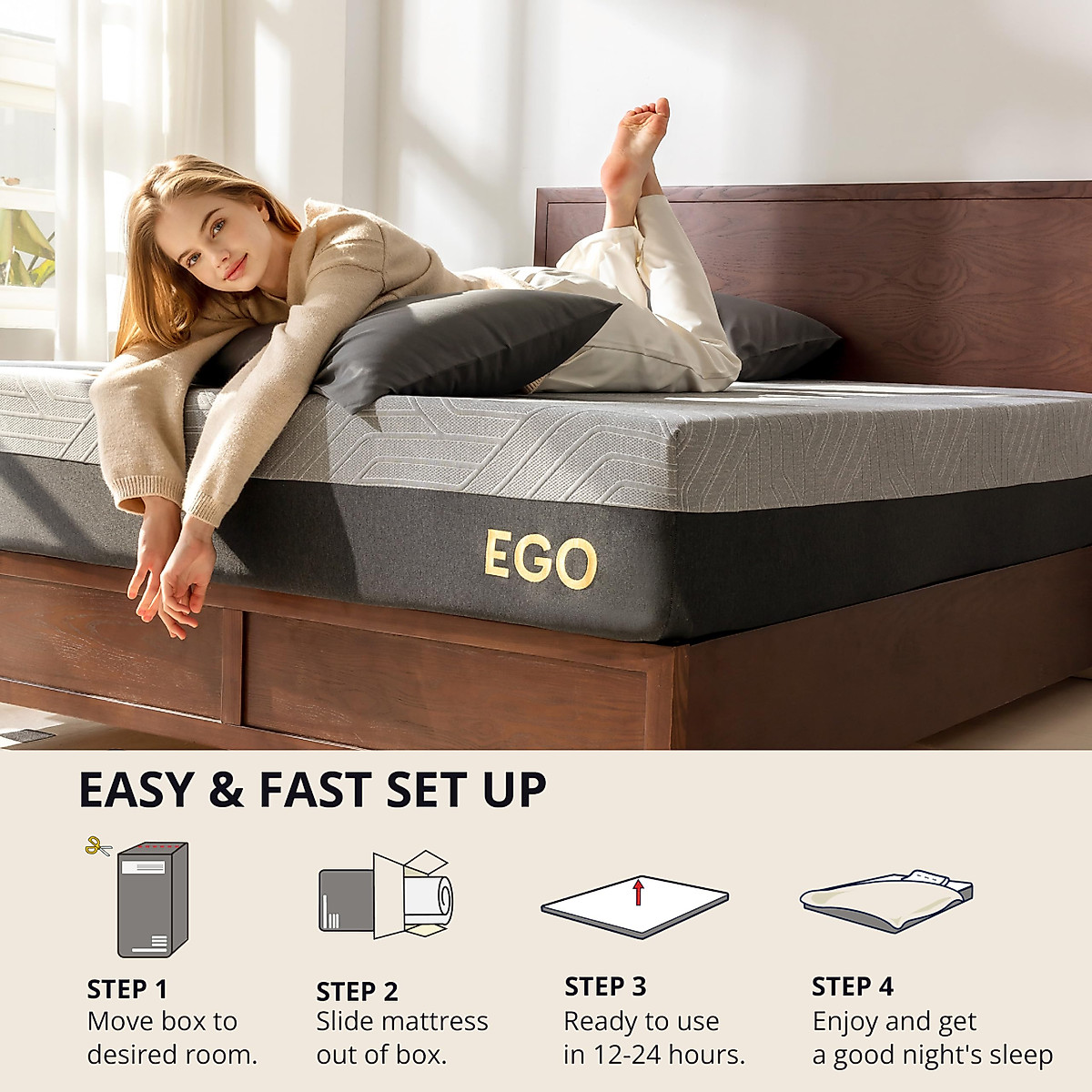 EGOHOME 10 Inch King Memory Foam Mattress for Back Pain, Cooling Gel Mattress Bed in a Box, Made in USA, CertiPUR-US Certified, Therapeutic Medium Mattress, 76x80x10 Black