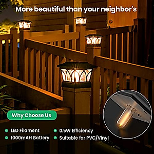 APONUO Solar Post Cap Lights Filament 1000mAh,4x4 Post Solar Lights 2 Brightness Levels 8/16LM Waterproof Solar Fence Post Lights for 4x4,6x6 Posts Caps Wood,4x4 Vinly Post Caps,Black,4 Pack