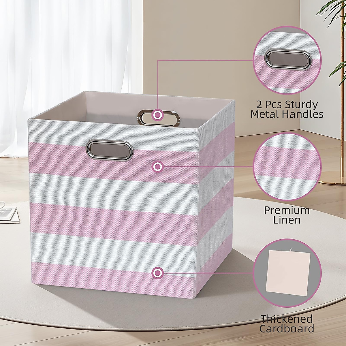 ORGMASTER 13x13x13 Storage Cube Bins, Foldable Storage Cubes Cubby Baskets Organizer Cloth Bins for Cube Storage Organizing Shelf Closet, Pack of 4, Pink/White Stripe