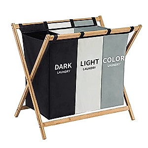 Large Laundry Hamper Sorter 3 Section,143L Waterproof Laundry Hamper Basket with 3 Compartments,Triple Divided Laundry Organizer with Sturdy Bamboo Frame for Dirty Clothes in Home,(White+Grey+Black)