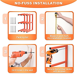 Ultrawall Lumber Storage Rack Wall Mount Wood Storage Racks, Metal Wood Organizer Racks for Shed, Workshop, Garage, Holds Up 220 LBS Per Level (Pack of 4, Orange)