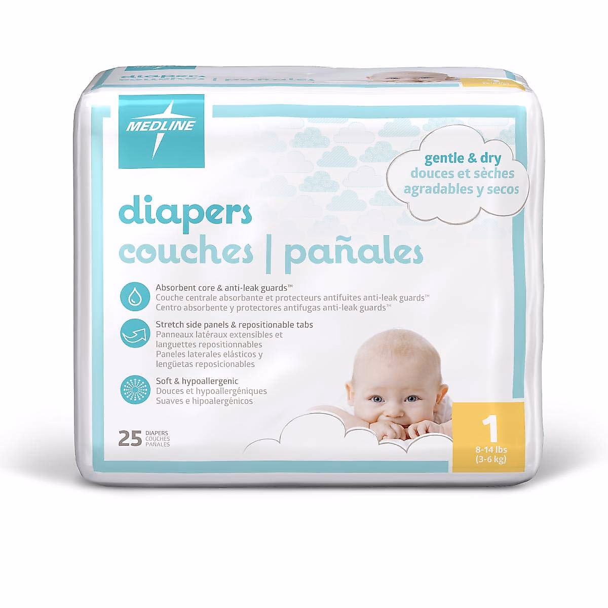 Medline Premium Disposable Baby Diapers, Absorbent & Ultra-Soft for Delicate Skin, Size 1 (8-14 lbs), 200 Count (8 Packs of 25)