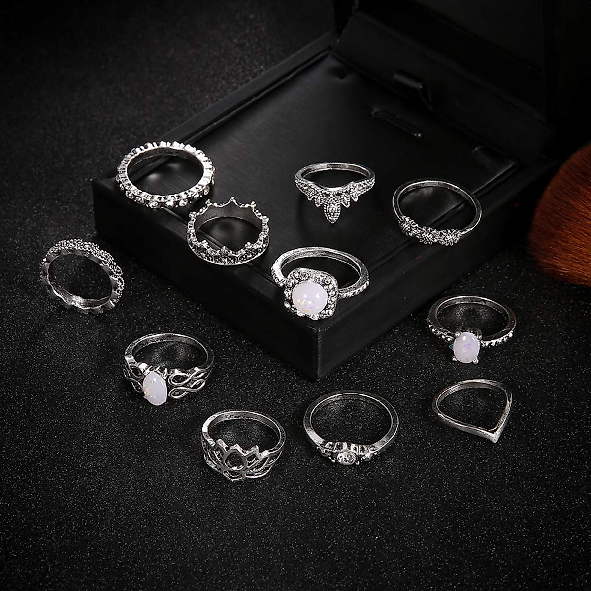 SEniutarm Engagement Love Rings Wedding Bands 11Pcs Women Jewelry Set Faux Opal Rhinestone Knuckle Stacking Joint Rings Band for Women/Girl Finger Rings DIY Jewelry Gifts - Antique Silver