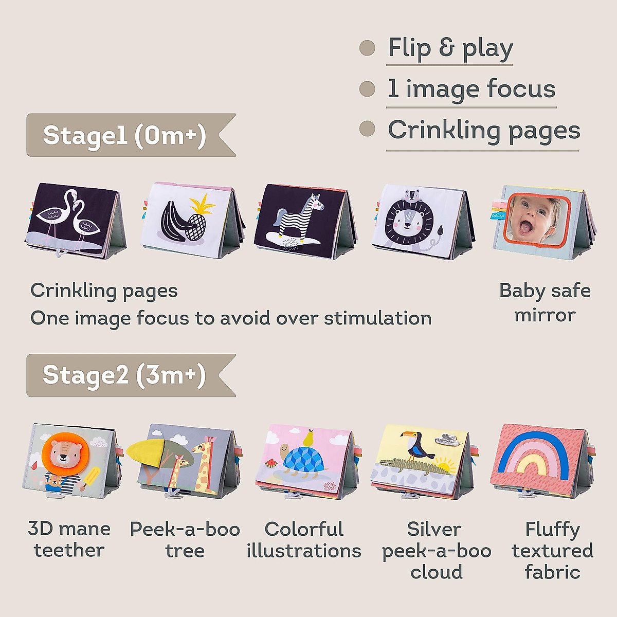 Taf Toys Savannah Infant Tummy-time Soft Crinkle Activity Book with Huge Baby Safe Mirror, 3D Activities, Textures and a Soft Baby Teether