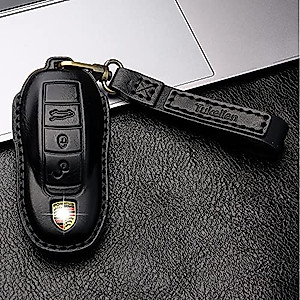 Tukellen for Porsche Leather Key Fob Cover with Keychain Key Shell Compatible with Porsche Panamera, Macan, Cayenne, 911-Black