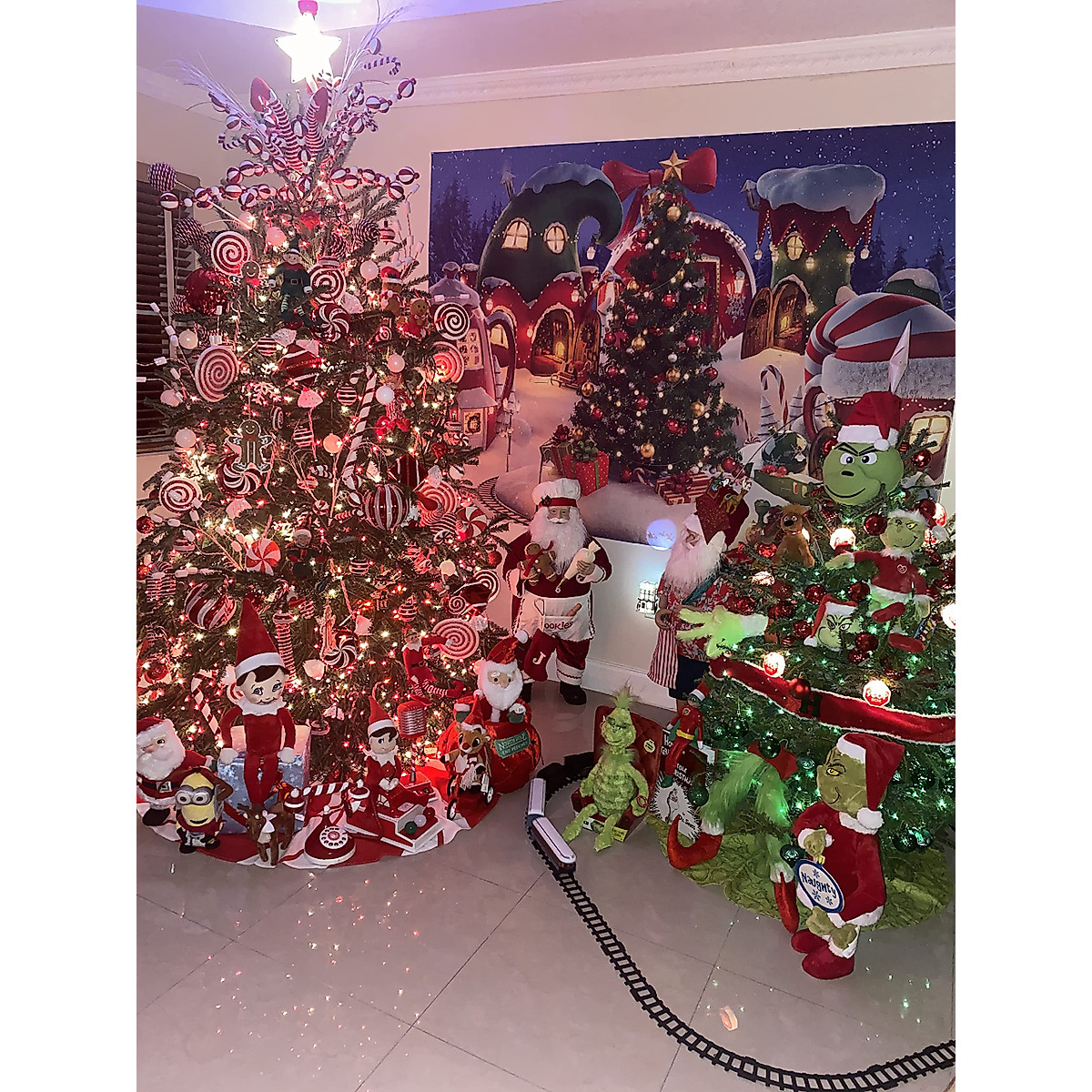 Cartoon Christmas Village Photography Backdrop Winter Snow Pine Tree Background Xmas Fairy Tale Animated Kid Party Photo Booth Banner Supplies (7x5)