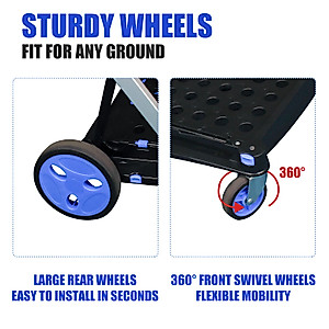 APOXCON Folding Shopping Cart, Two Tier Collapsible Cart with One Crate, Heavy Duty Utility Cart with 360° Rolling Swivel Wheels Multiple Uses Folding Trolley for Shopping, Picnic and Office