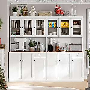 Cozy Castle Tall Kitchen Pantry Cabinet with Microwave Shelf, Modern Large Freestanding Sideboard Cupboard Kitchen Hutch Cabinet with Storage Countertop and Drawer for Dining Room, Living Room, White