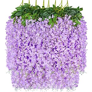 Attmu 8 Pack Artificial Flowers Wisteria Hanging Flowers 3.6 Feet/Piece Vine Ratta String for Home Office Wedding Wall Garden Outdoor Party Decoration (Purple)