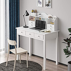 ADORNEVE Writing Desk with 7 Drawers, Home Office Desk with Hutch,Student Desk Study Table, Small White Desk, Solid Pine Wood Legs