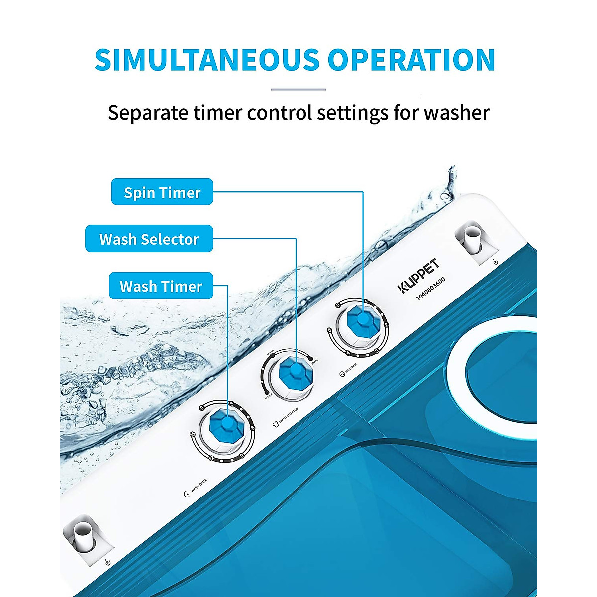 KUPPET Compact Twin Tub Portable Mini Washing Machine 26lbs Capacity, Washer(18lbs)&Spiner(8lbs)/Built-in Drain Pump/Semi-Automatic (White&Blue)
