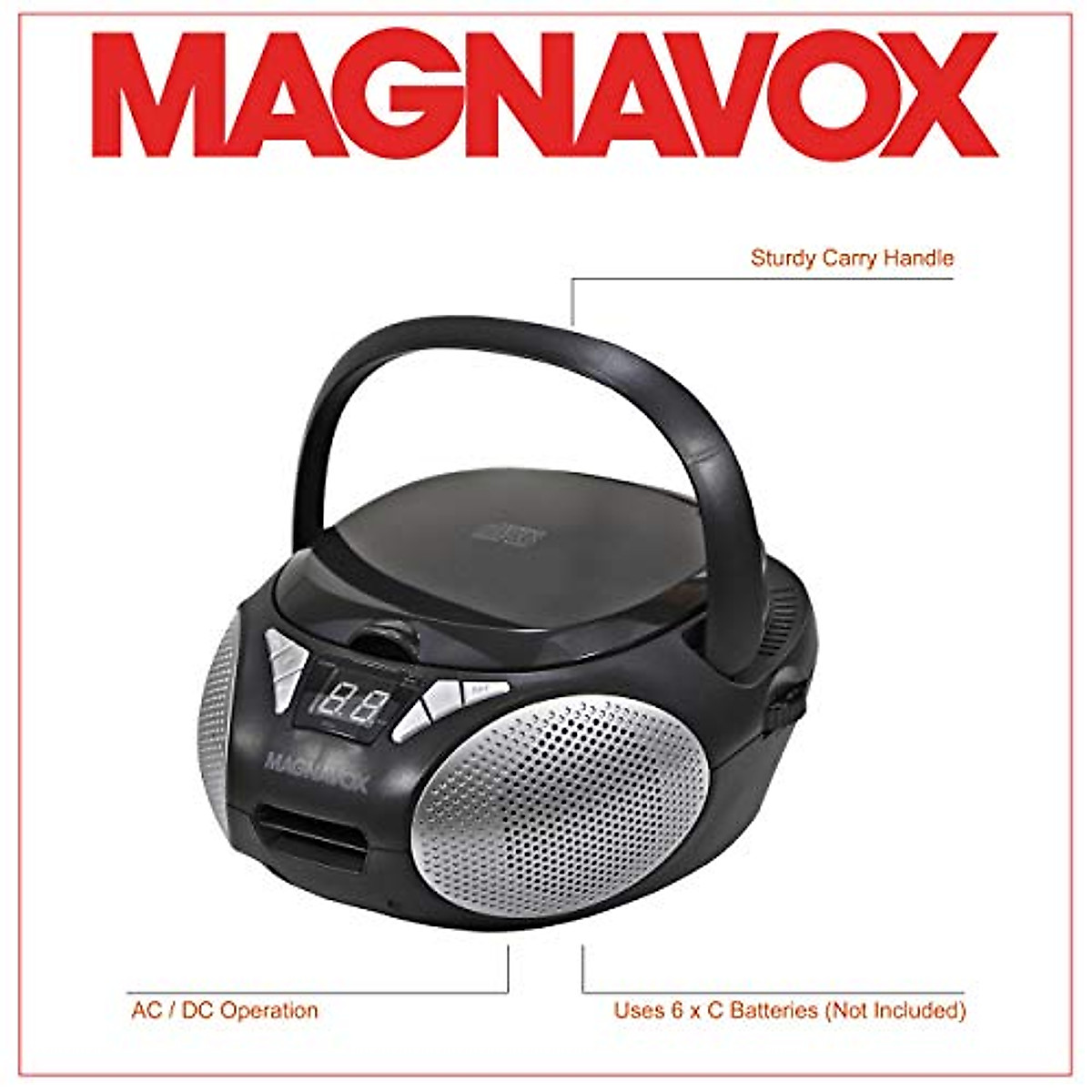 Magnavox MD6924 Portable Top Loading CD Boombox with AM/FM Stereo Radio in Black | CD-R/CD-RW Compatible | LED Display | AUX Port Supported | Programmable CD Player |