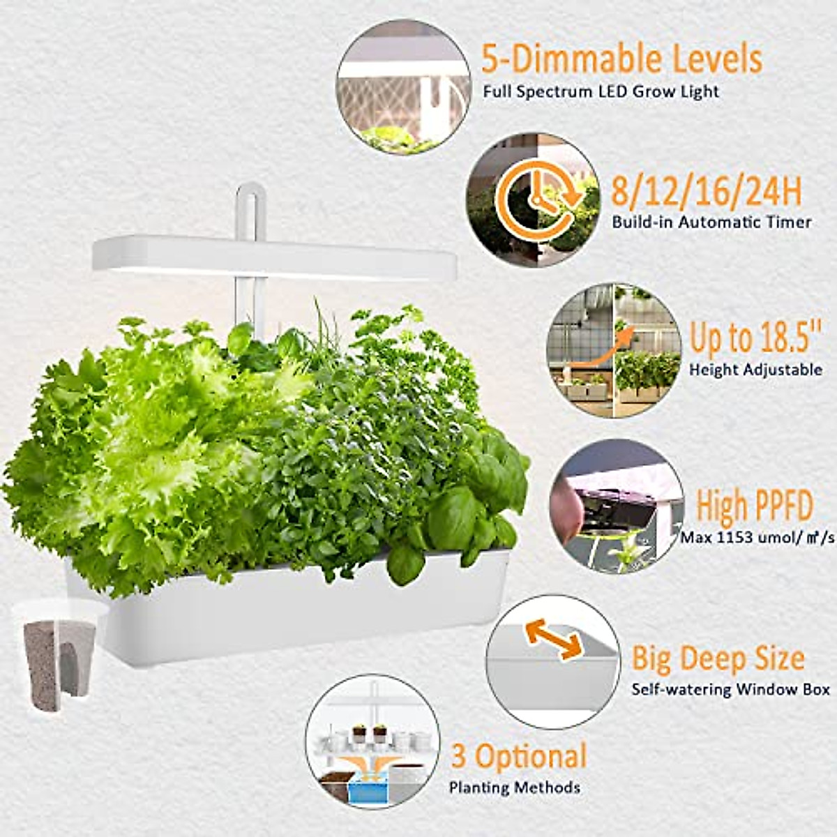J&C Indoor Garden, Herb Kitchen Garden with 20W LED Grow Light, Height Adjustable, Smart Timer Plant Light (Advanced Version, White)