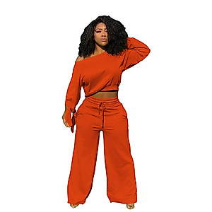 TOPSRANI Women's 2 Piece Outfits Casual Solid Sweatsuits Baggy Long Sleeve Loose Matching Wide Leg Tracksuit Pants Sets Orange L
