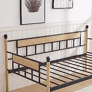Tensun Twin Size Daybed with Trundle,Metal & Wood Trundle Day Bed Frame for Bedroom Living Room, Steel Slat Support/No Spring Box Needed, Black+Natural