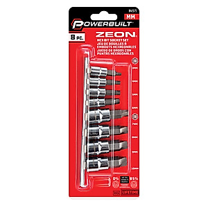 Powerbuilt 240094 8 Piece Zeon Metric Hex Bit Socket Set - with use for Damaged Fasteners, Standard, Rusted, Rounded Bolts, Size from 3mm to 10mm