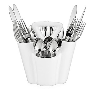 MosJos Ceramic Silverware Caddy - 4-Section Cutlery & Utensil Holder with Handle for Countertop - Farmhouse Spoon Fork Knife Organizer for Kitchen (White)