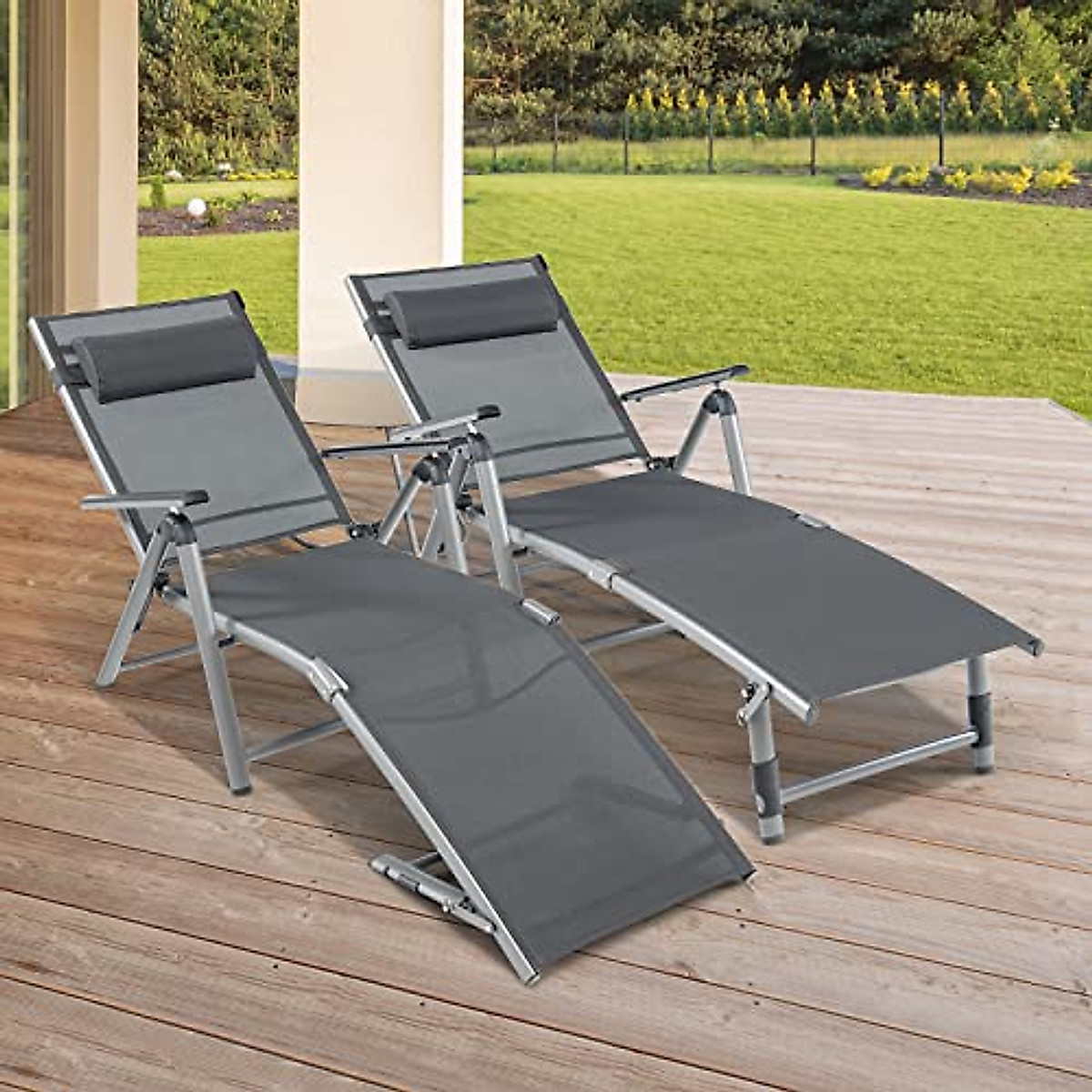 Giantex Outdoor Chaise Lounge Chair - Folding Lounge Chair w/ 8-Level Adjustable Backrests, Aluminum Frame, Cozy Headrest Pillow, Patio Recliner for Backyard Poolside Balcony (1, Gray)