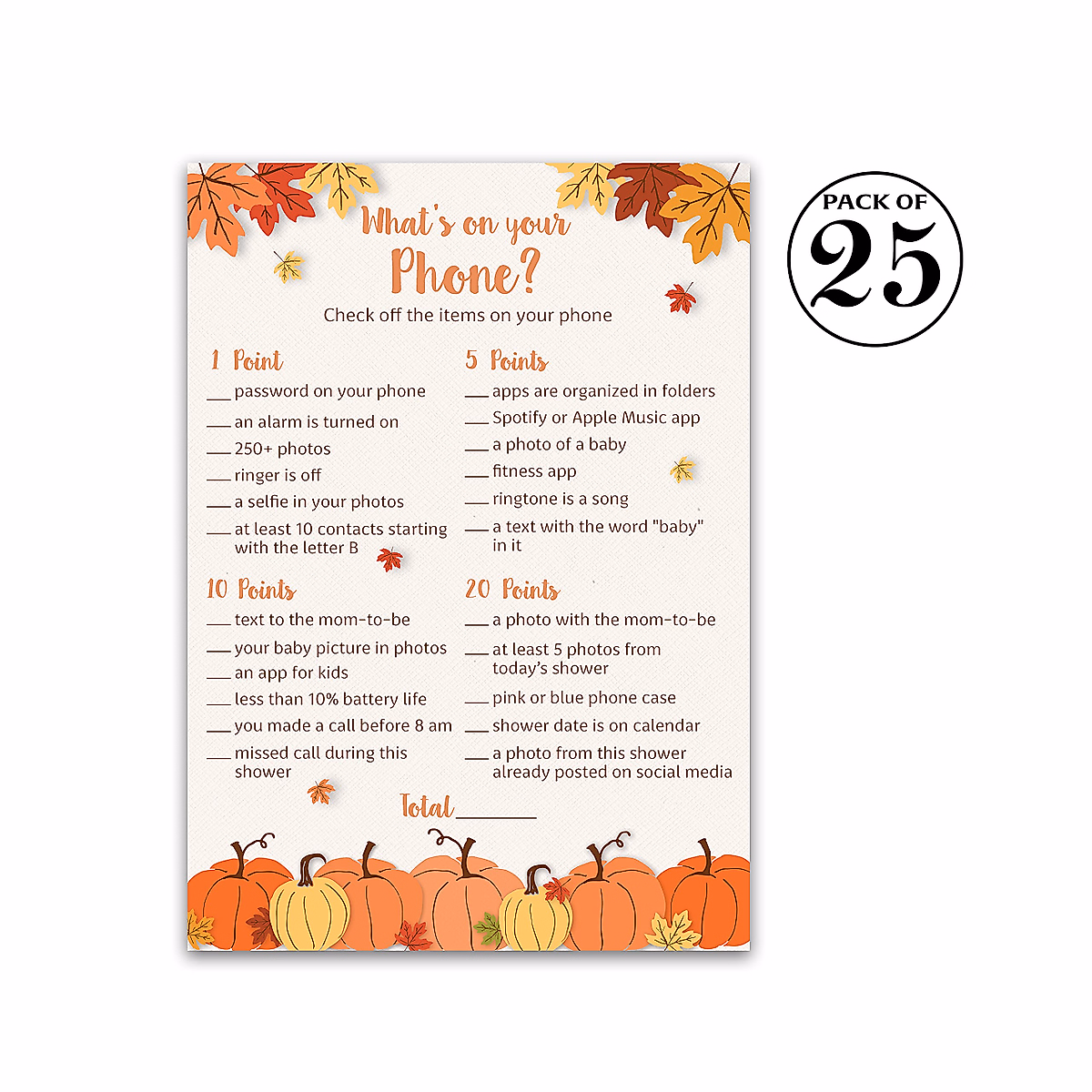 PUMPKINS Baby Shower Game — WHAT'S ON YOUR PHONE Baby Shower Game — Pack of 25 — LITTLE PUMPKIN Baby Shower Games, Fall Halloween Baby Shower Game, Baby Shower Activity, SKU G330-PHN