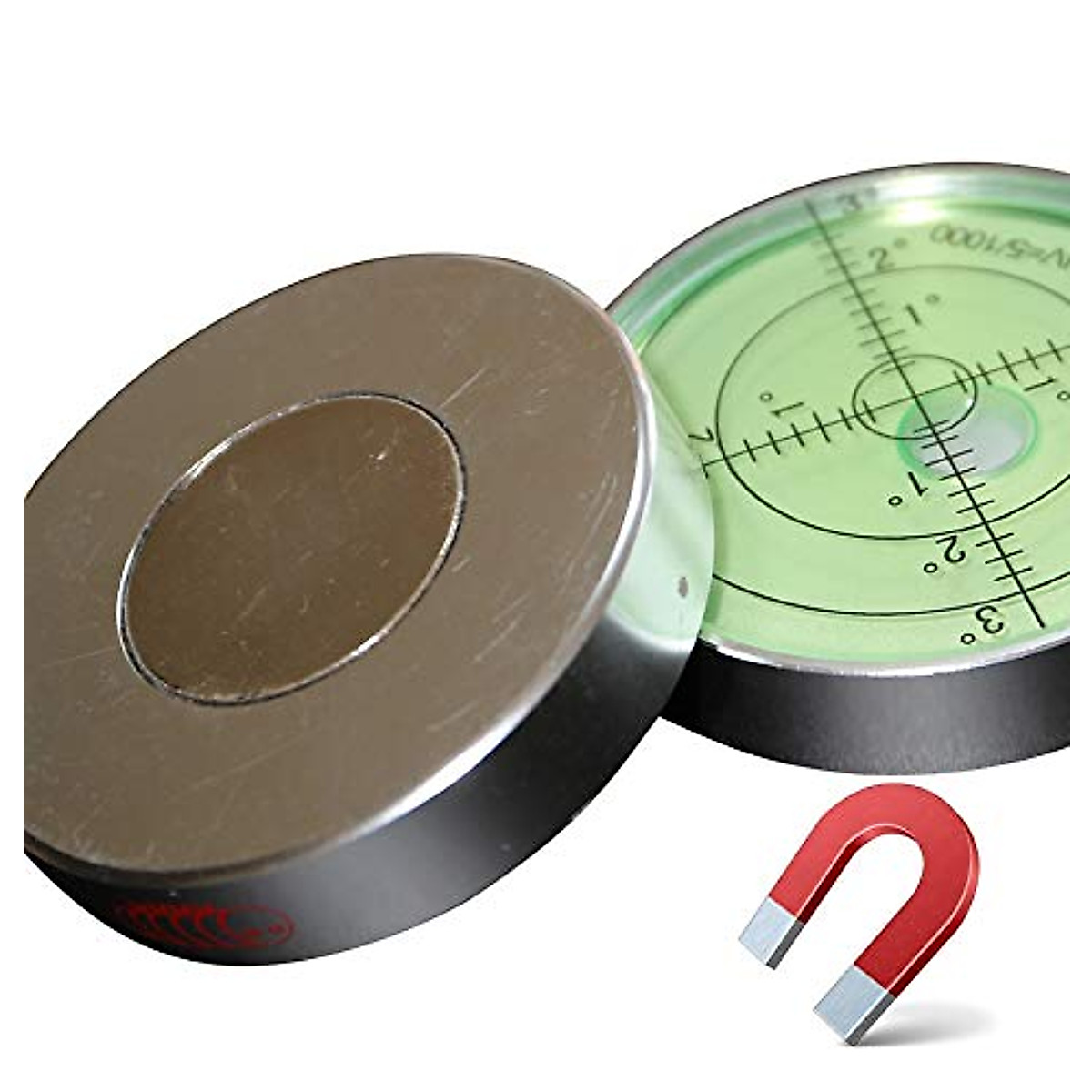 Magnetic Metal Large Spirit Bubble Level 60mm Diameter, 2 23/64, Degrees, Circular, Surface Level - Metal Housing, Bulls Eye Bullseye Vial Round, Green/Silver