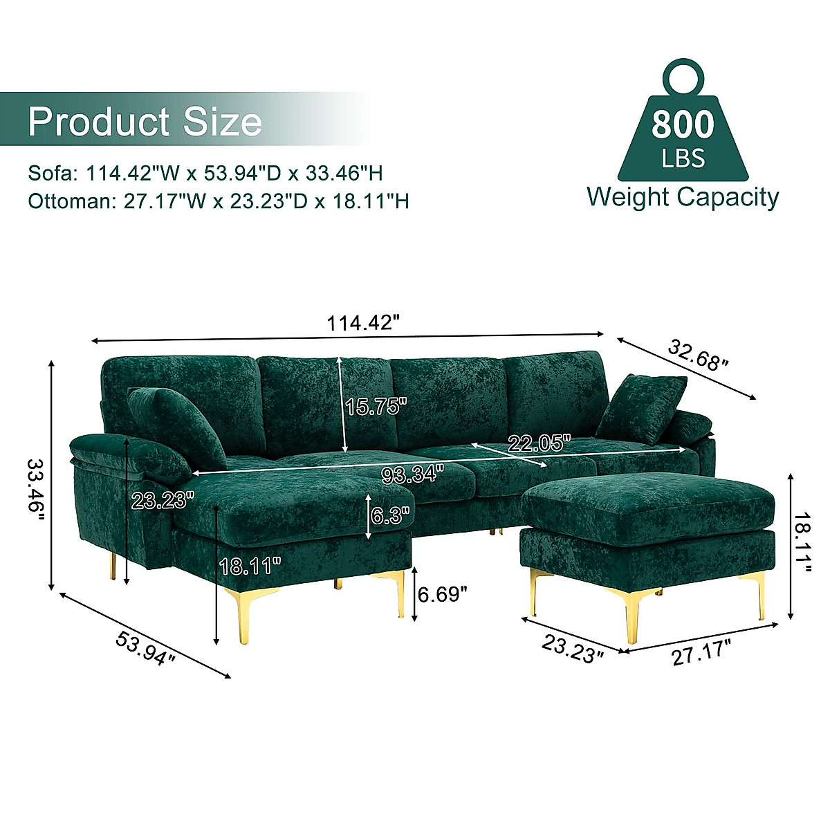 KIVENJAJA U-Shaped Sectional Sofa Couch, Modern Velvet L-Shaped Couch Set with Chaise Lounge, Ottoman and Pillows for Living Room Office Apartment, 114 inches (Emerald Green)