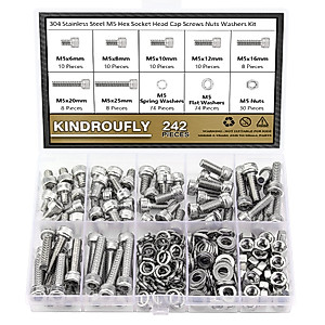 Kindroufly 242 Pieces M5 x 6/8 /10/12 /16/20 /25mm Hex Socket Head Cap Screws Nuts Washers Assortment Kit, 304 Stainless Steel, Fully Machine Thread
