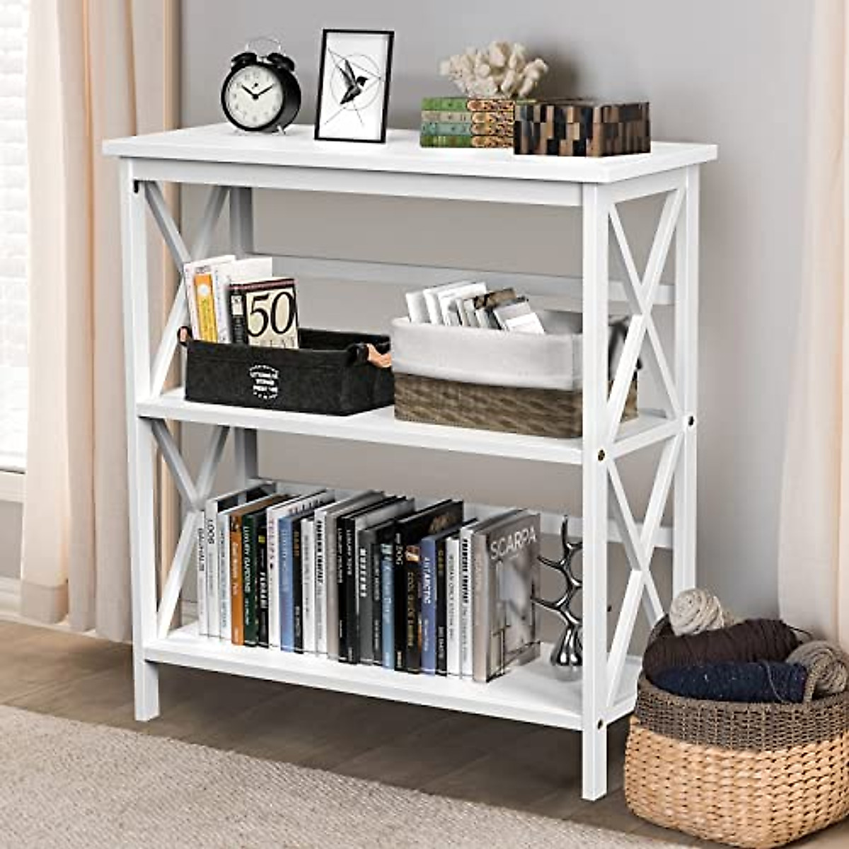 Tangkula 3-Tier Bookcase and Bookshelf, Wooden Open Shelf Bookcase, X-Design Etagere Bookshelf for Home Living Room Office, Multi-Functional Storage Shelf Units for Collection (White)