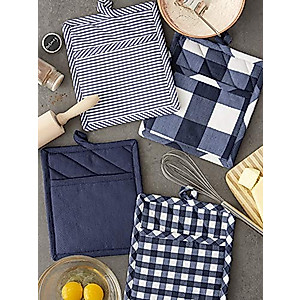 DII Gingham Check Kitchen Collection, Navy, Potholder Set