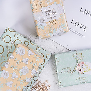 WRAPAHOLIC Wedding Theme Wrapping Paper Roll - Diamond Ring and Floral Design Printed on Pearlized Paper, Perfect for Celebration, Party Present Packing - 4 Rolls - 30 inch X 120 inch Per Roll