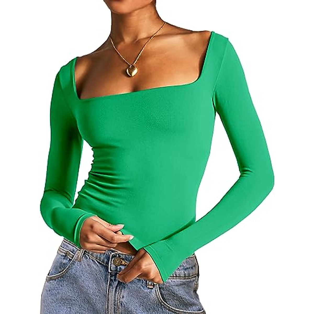 Dwnval Women's Sexy Long Sleeve Crop Top Square Neck Double Lined Basic Slim Fit T Shirt(Green, S)