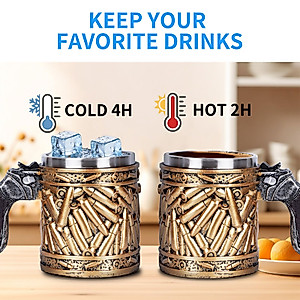 Gun Mug, Gun Handle Coffee Mug, Stainless Steel Bullet Pattern Beer Mug, Unique Coffee Mugs, Fathers Day Dad Gifts, Birthday Gifts for Men (15 OZ)