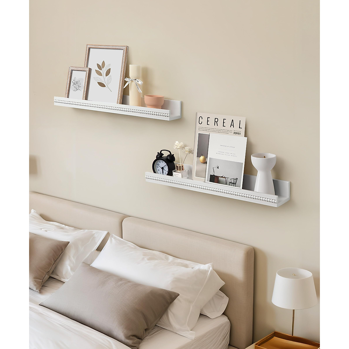 Mazjoaru White Floating Shelves 24 inch for Wall Set of 2, Long Floating Shelves Wall Book Shelf with Lip, Wall Mount Shelf with Wood Beads for Bedroom Bathroom Nursery Living Room